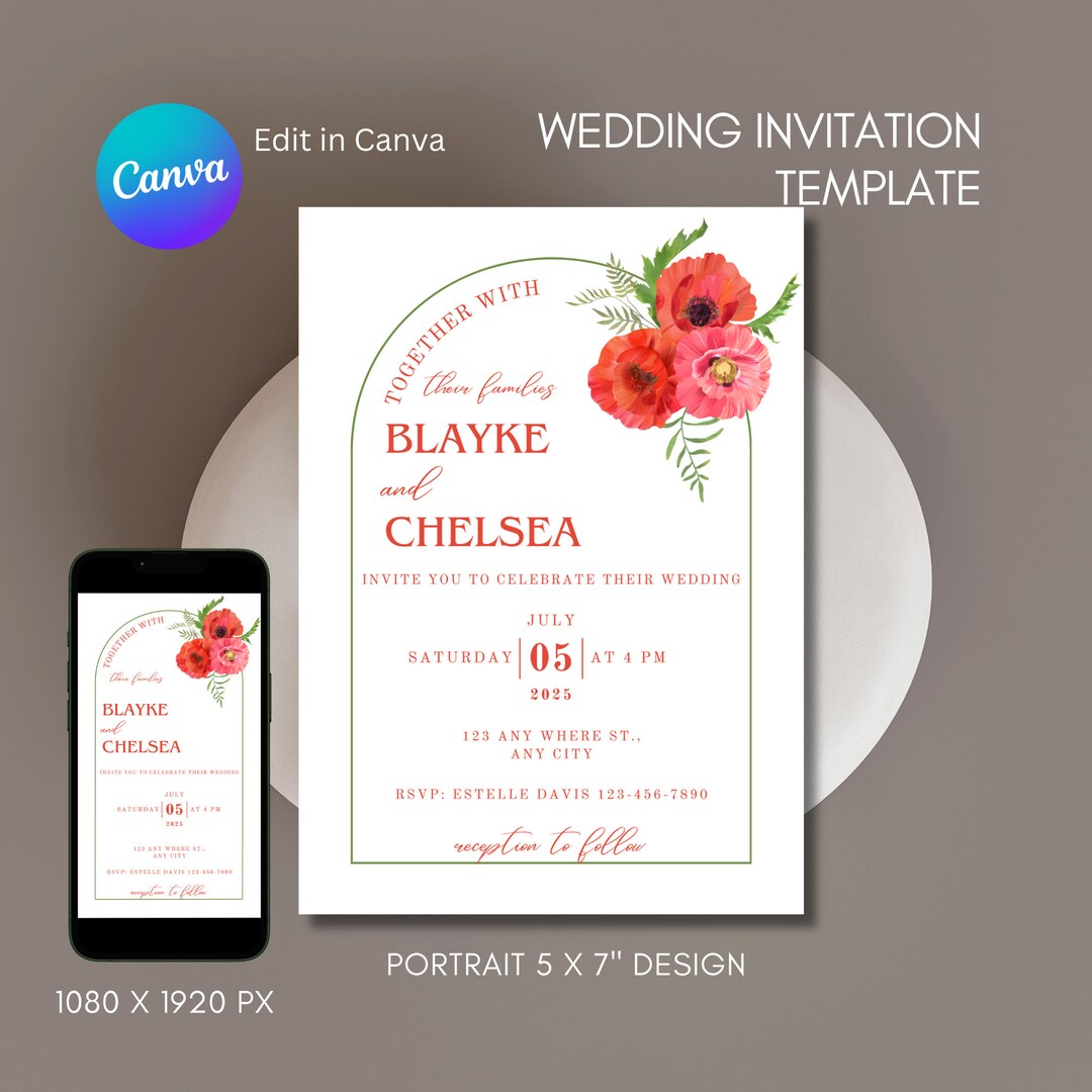 Wildflower Poppy Wedding Invitation Personalized Template Bundle, Poppy ...