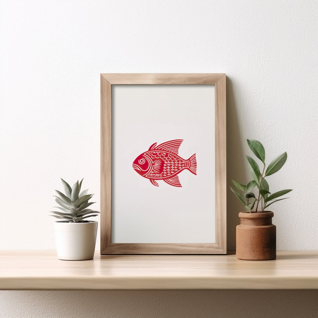 Ocean Themed Ink Drawing Poster - Printable Red Fish Art Download ...