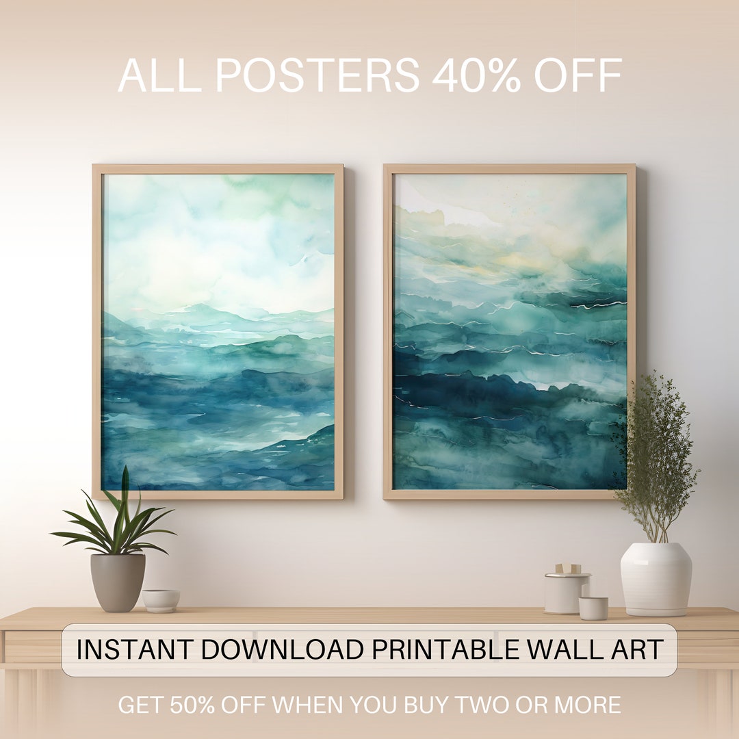 Blue Watercolor Waves Set of 2 Abstract Ocean Posters, Digital Download ...