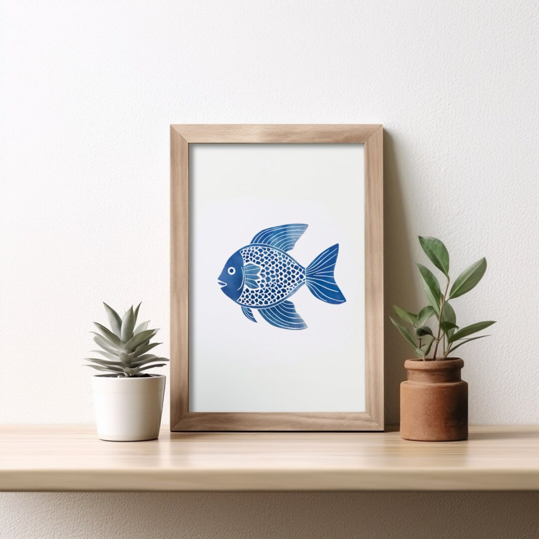 Ocean Themed Ink Drawing Poster - Printable Blue Fish Art Download ...