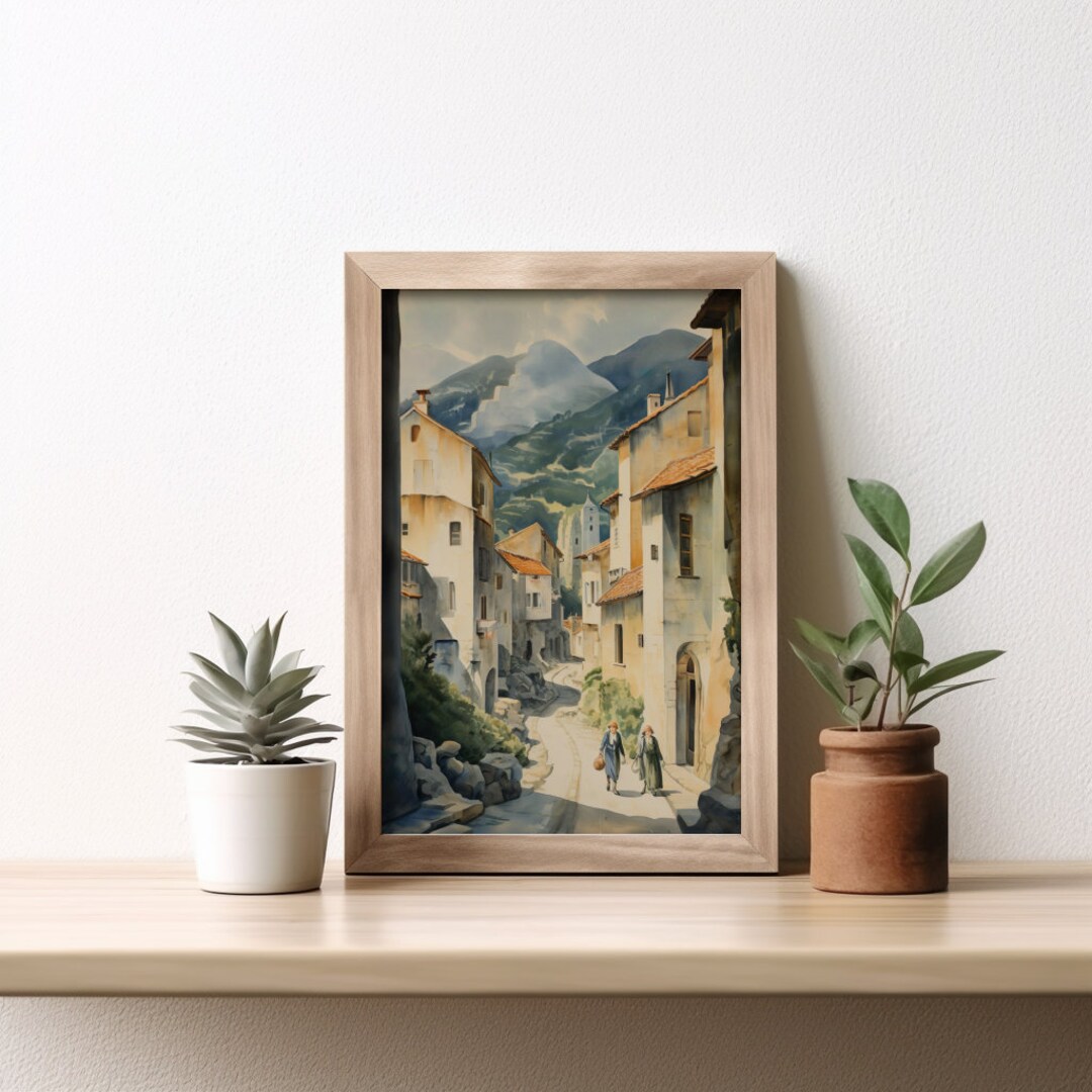 European Old Townscape Art Print With Mountains, Quaint Town Scene With ...