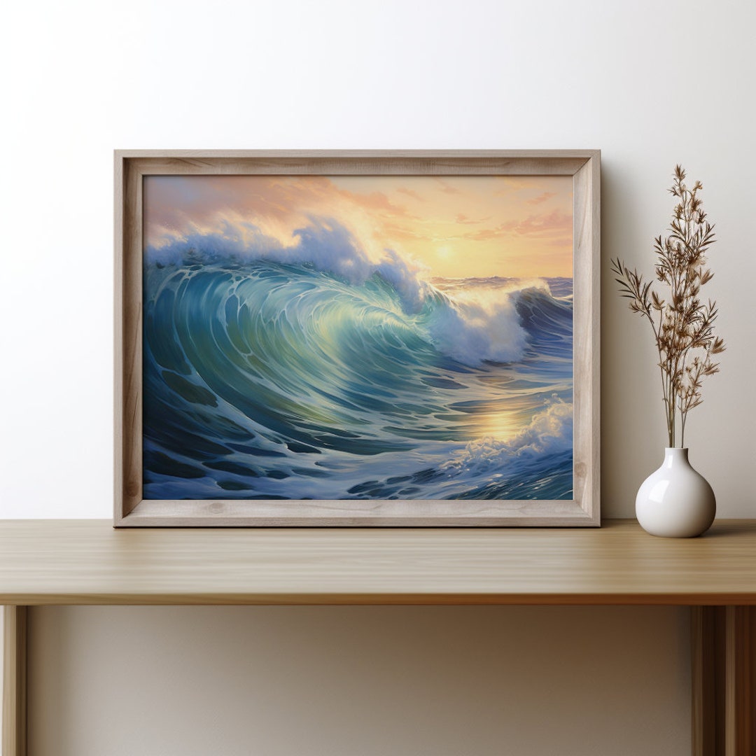 Seascape Wave Digital Art, Vibrant Sunset Ocean Print, Powerful Wave ...