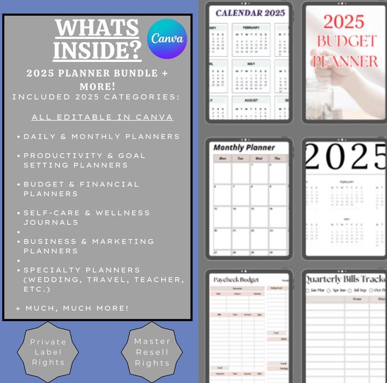 2025 Canva Digital Planner Bundle, PLR Digital Products, 2025 Calendar ...