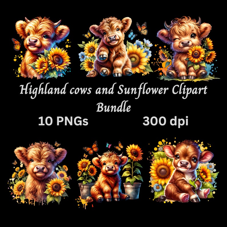 Watercolor Highland Cows Clip Art Bundle, Sunflower Cute Baby Cow ...