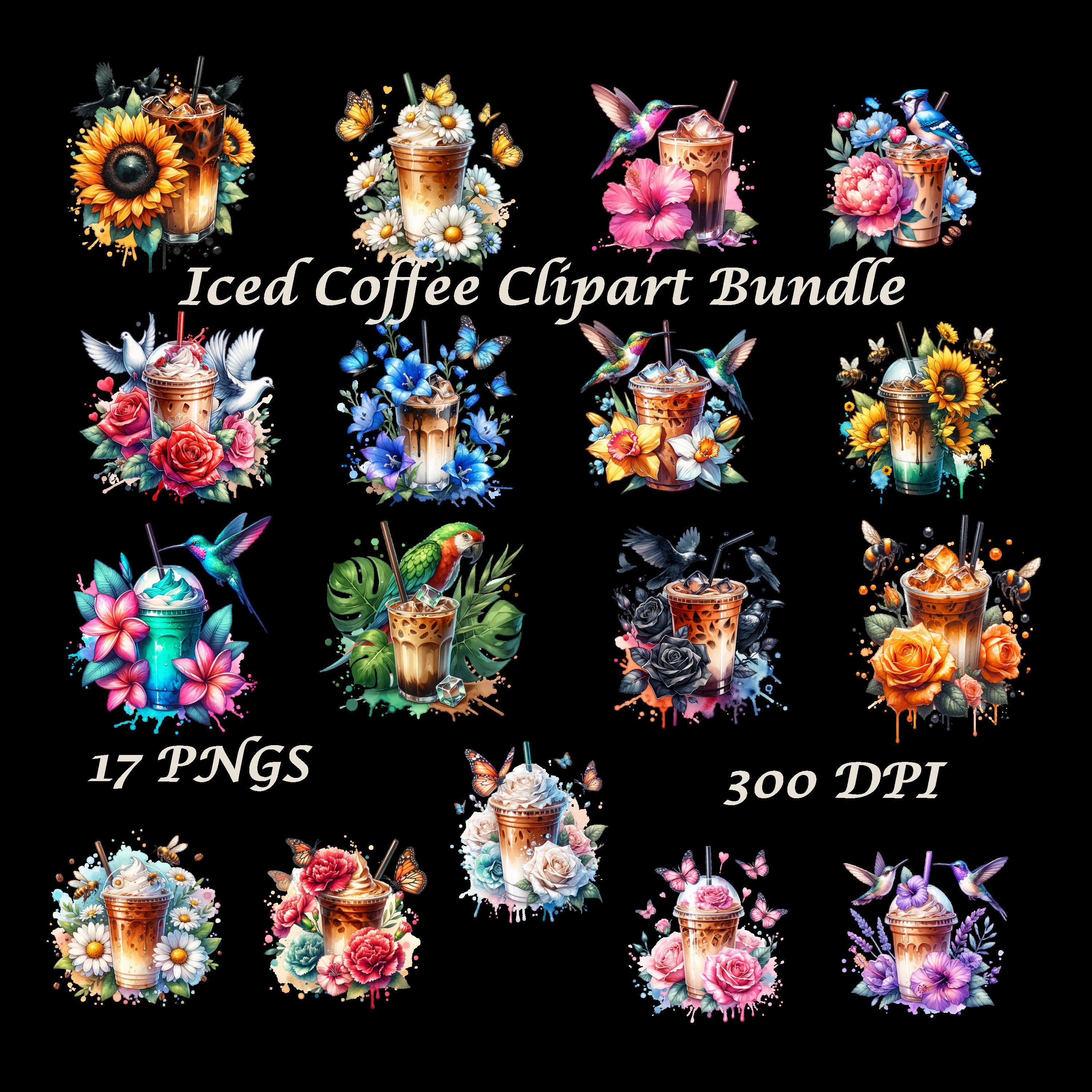 Floral Coffee Clipart Bundle Set, Watercolor Flower Coffee Lover Clip ...