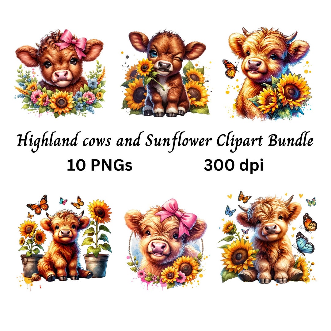 Watercolor Highland Cows Clip Art Bundle, Sunflower Cute Baby Cow ...