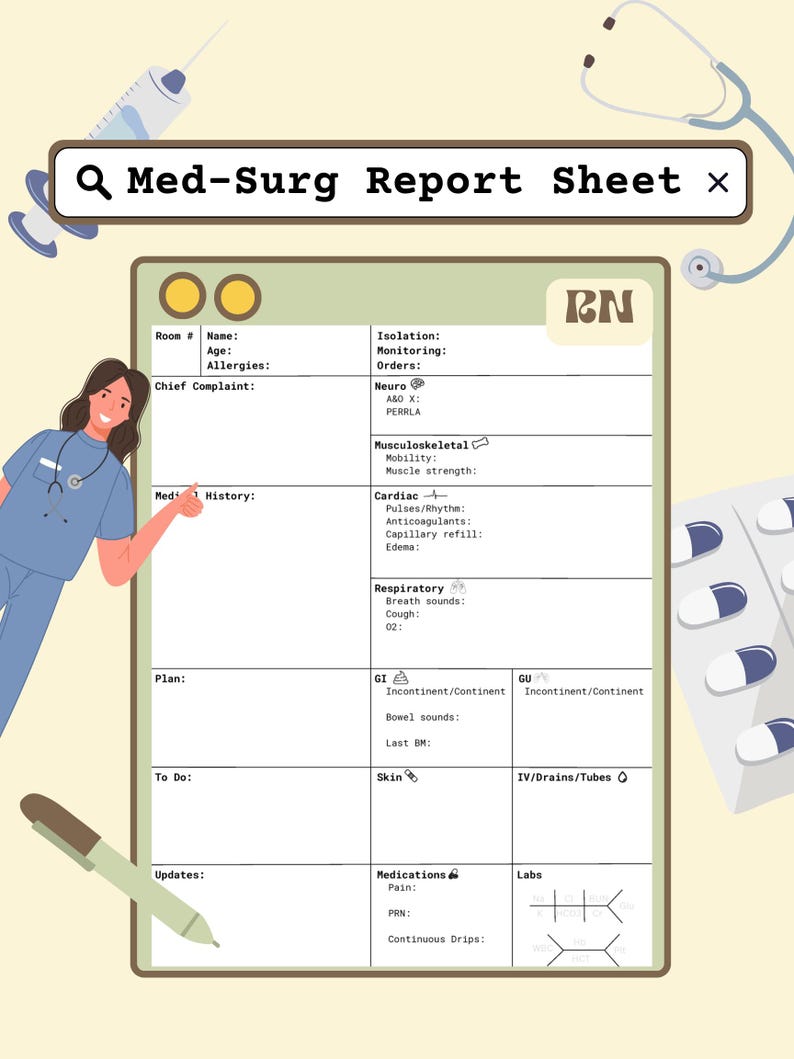 Easy to Use Report Sheet for Nurses | Medical Surgical & Step Down - Etsy