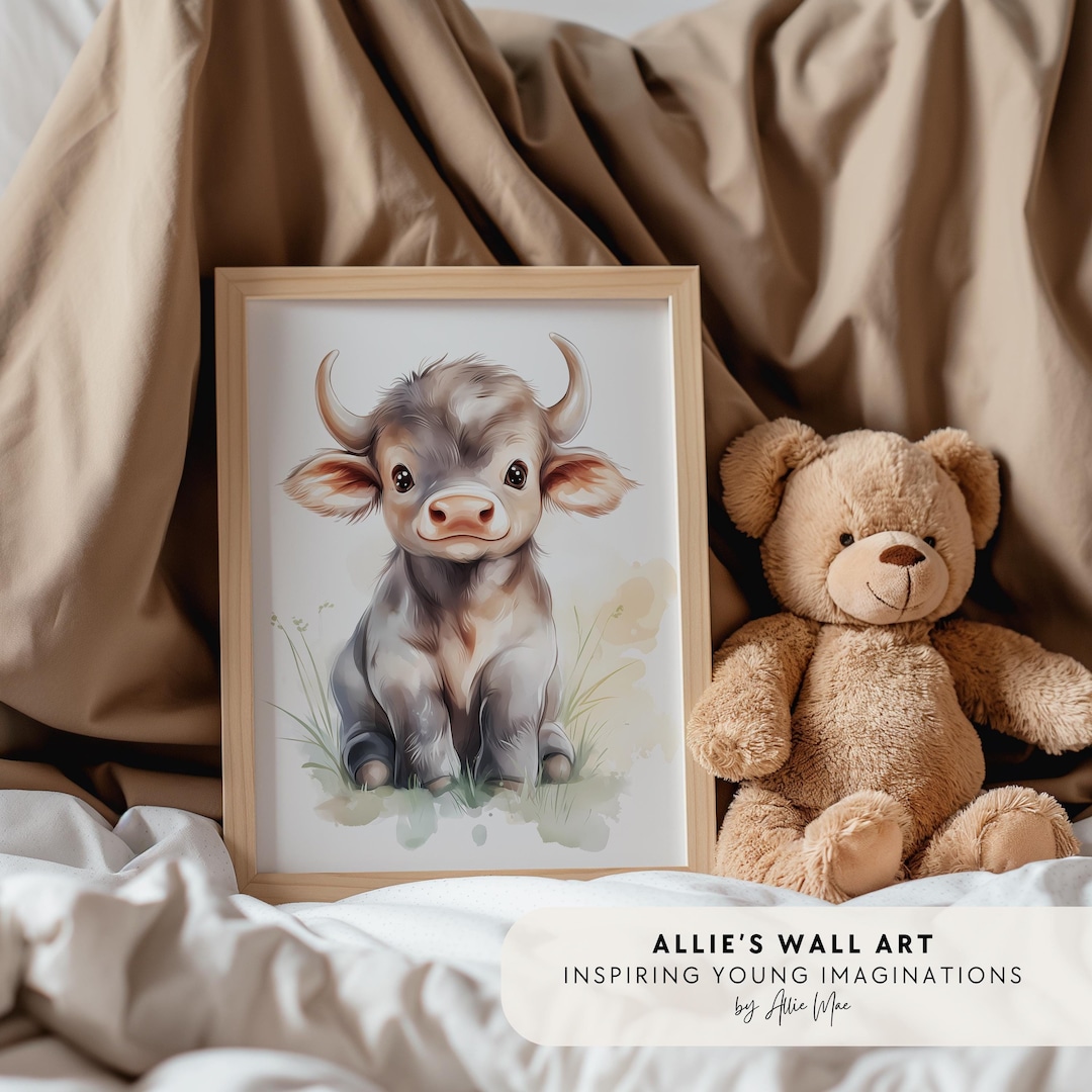 Cute Baby Water Buffalo Watercolor - Baby Animal Nursery Art - Digital ...
