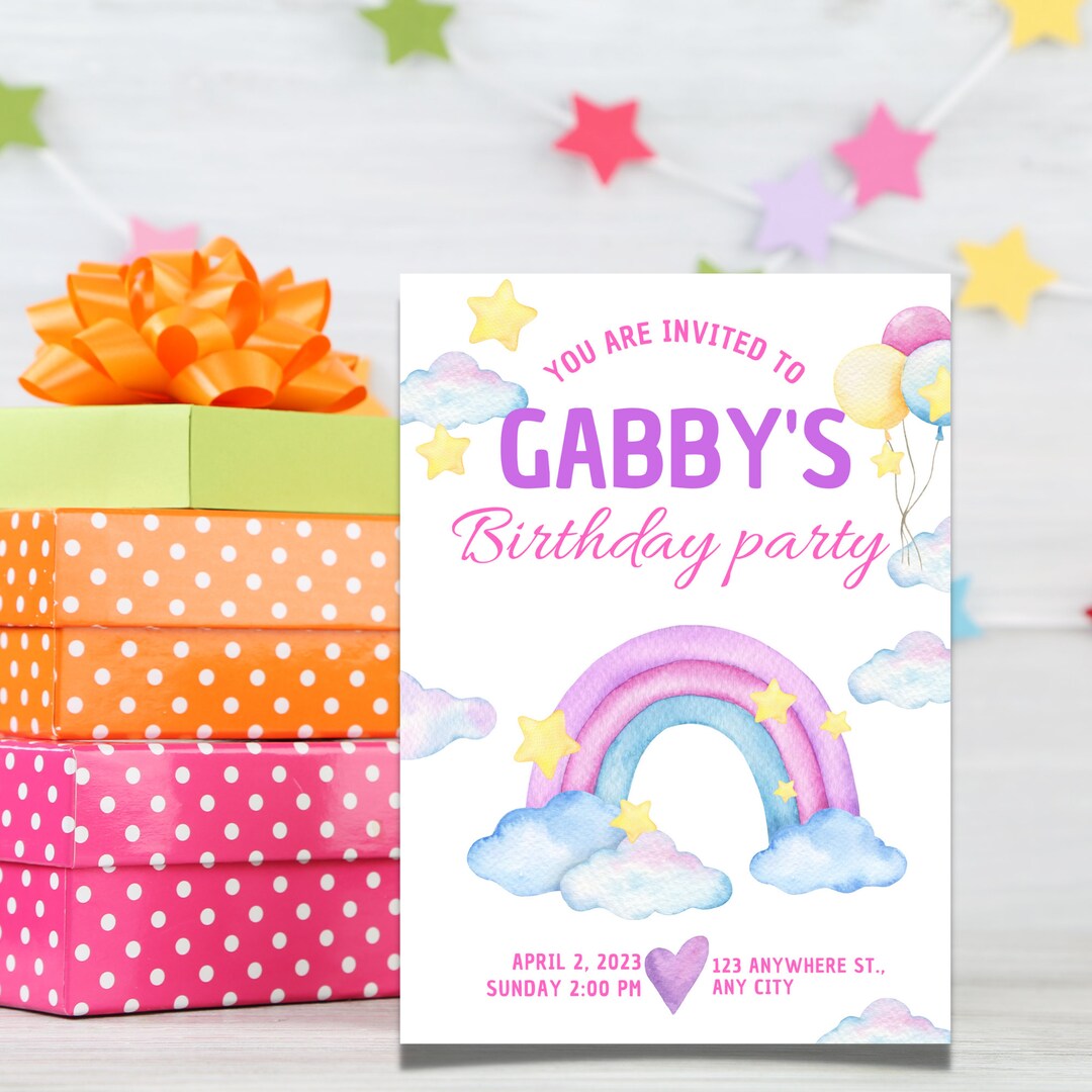 Pastel Rainbow Watercolor Birthday Invitation, Editable Invitation ...