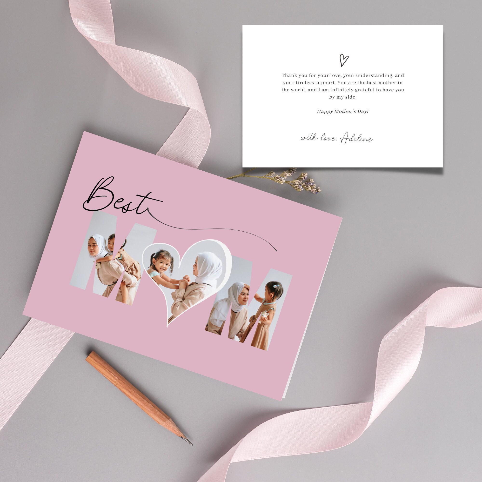 Pink Best Mom Card Custom Calligraphy Photo Card Happy Mothers Day ...