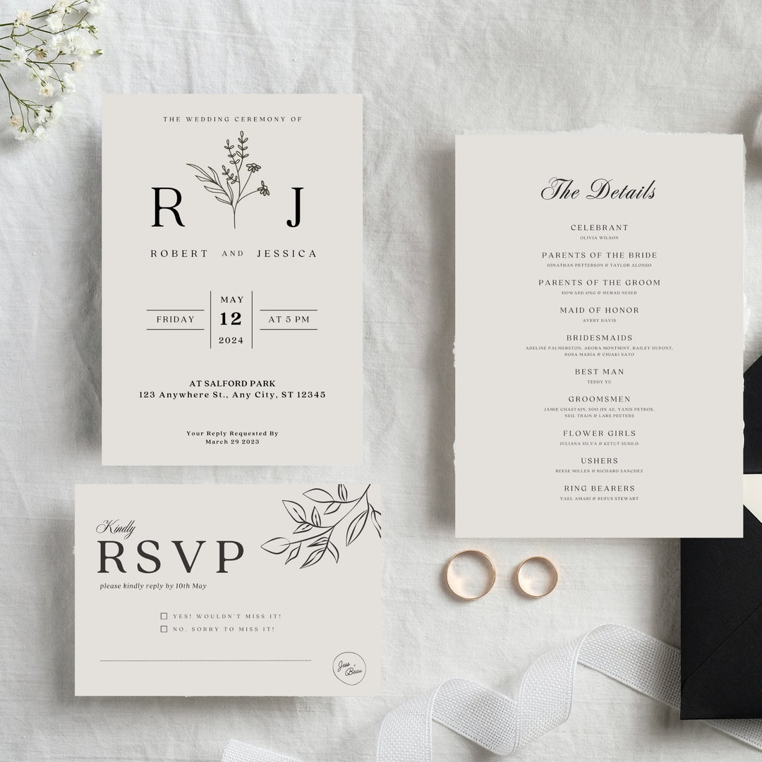 Minimalist Grey Wedding Invitation Template, Wedding Program, Wedding ...