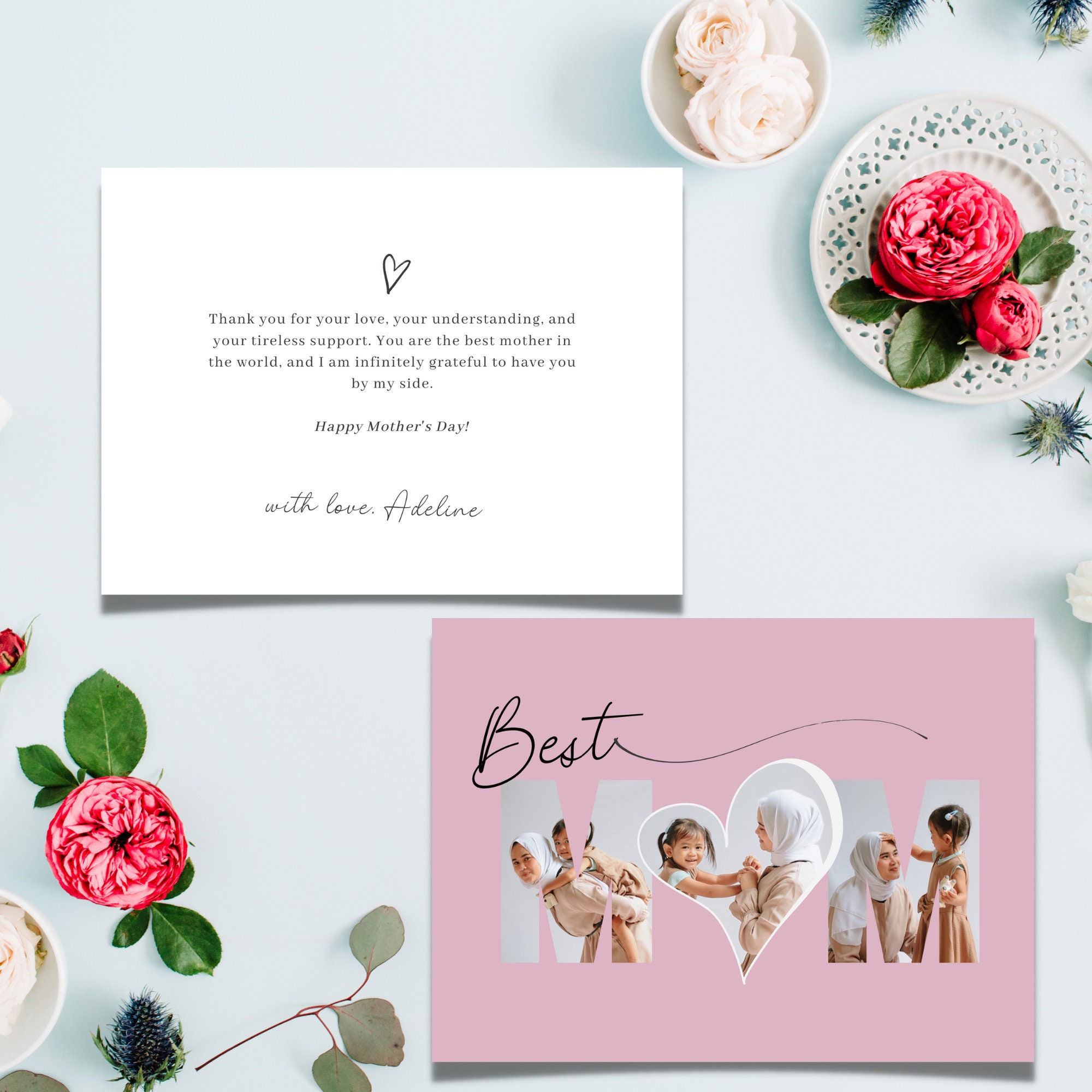 Pink Best Mom Card Custom Calligraphy Photo Card Happy Mothers Day ...