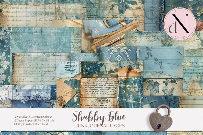 Shabby Blue Journal, Blue Junk Journal, Digital Journal Pages, Shabby ...