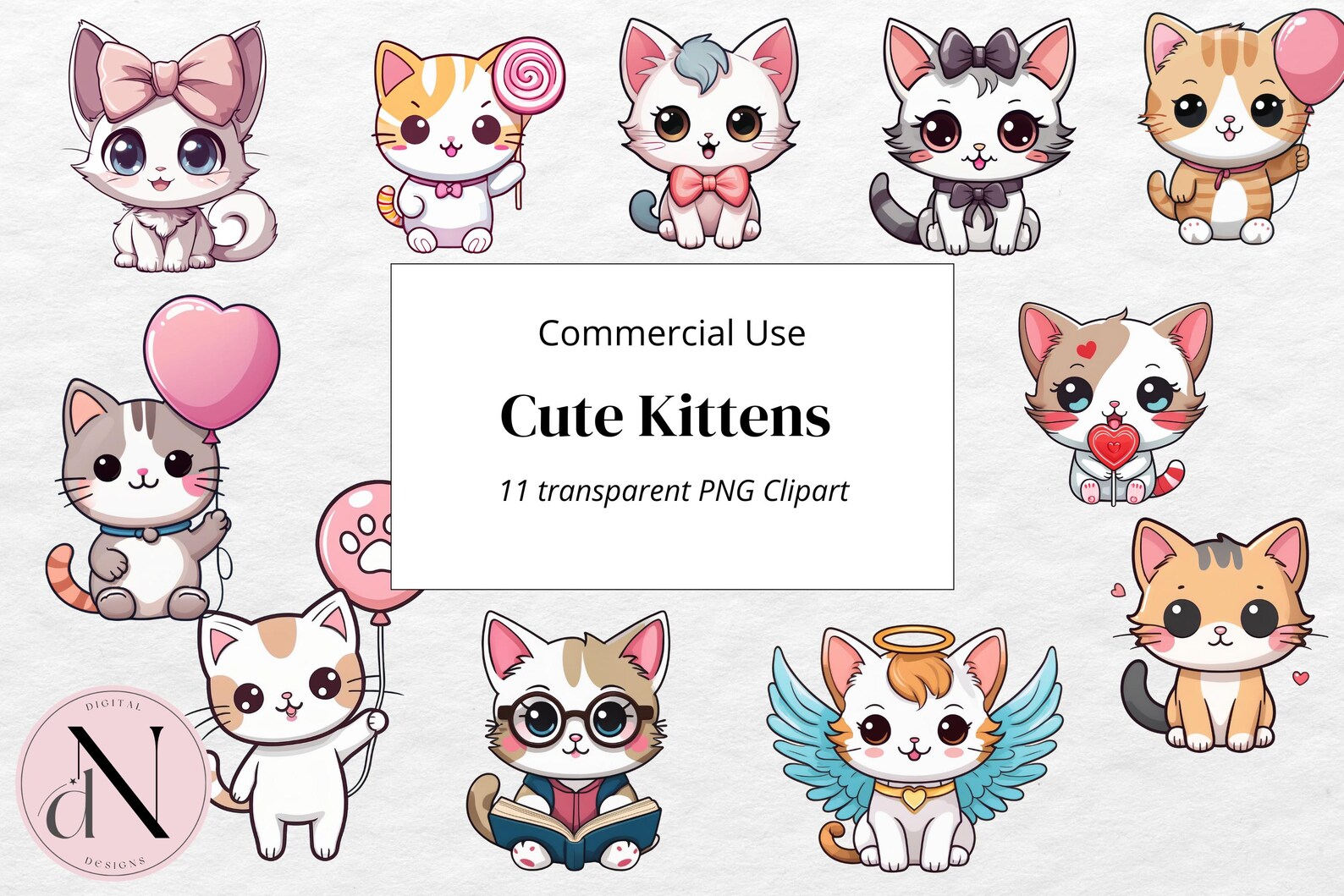 Adorable Kitten Clipart Bundle, Cute Kawaii Style, Cute Cat Clipart ...