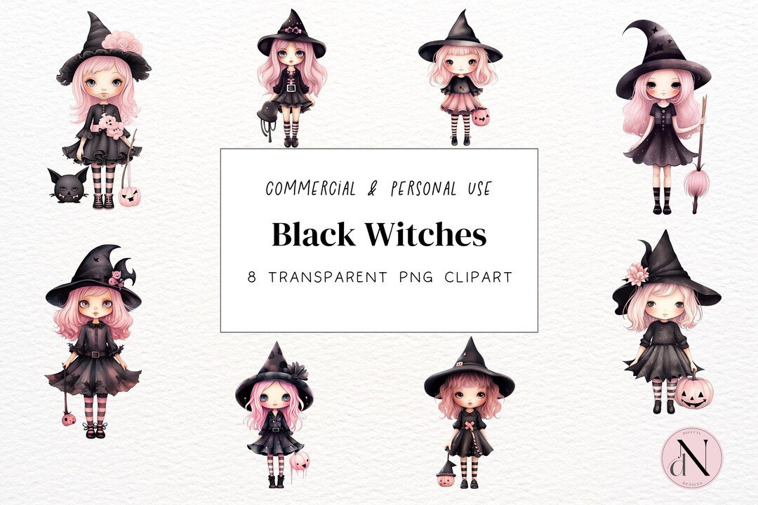Black Witches Clipart, Halloween Witches Clipart, Whimsical Black ...