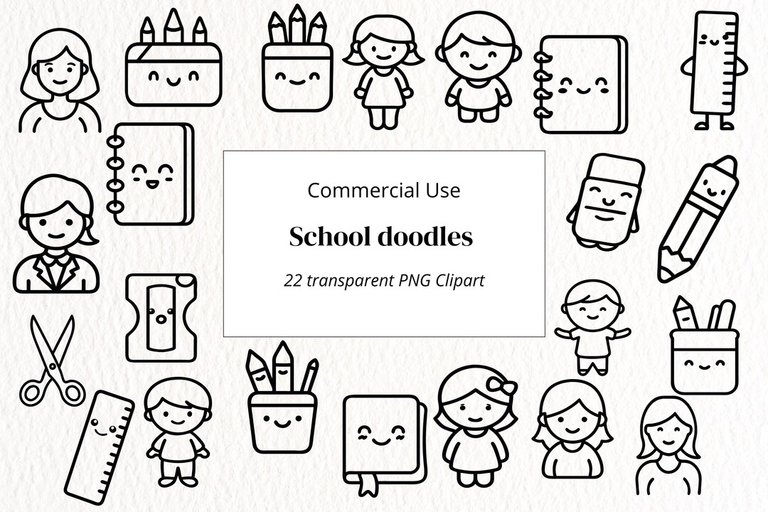 School Doodles Clipart | Cute School Clipart | Black and White Teacher ...