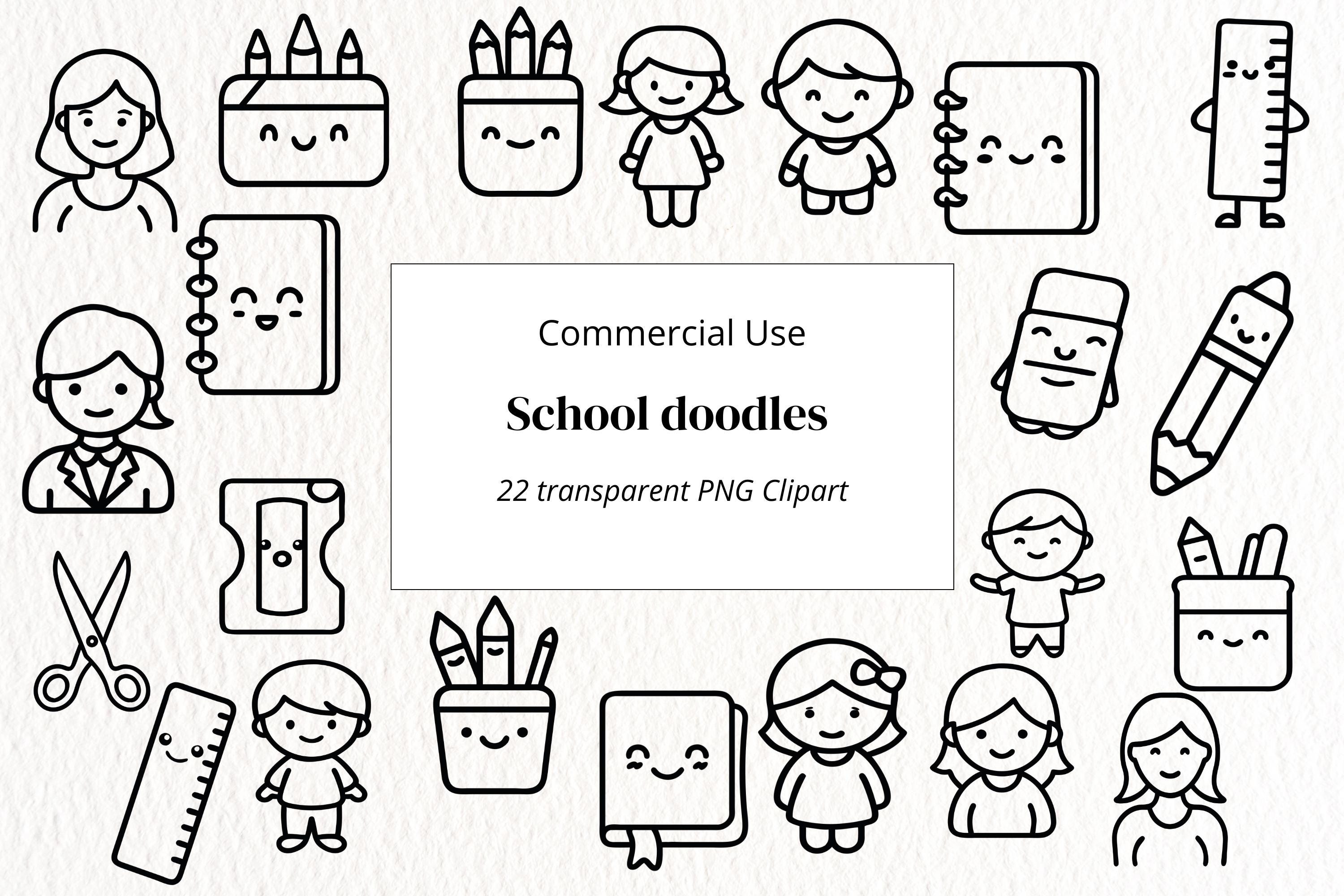 School Doodles Clipart | Cute School Clipart | Black and White Teacher ...