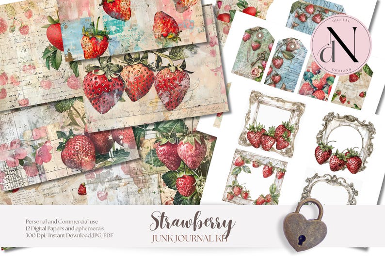 Strawberry Junk Journal Kit, Printable Junk Journal, Digital Strawberry ...