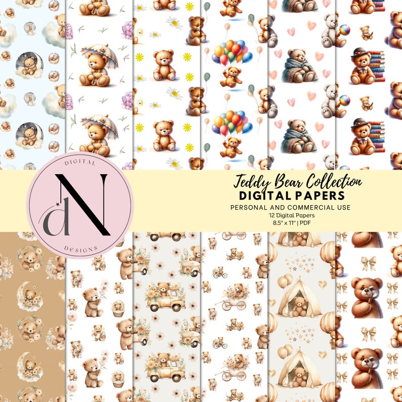 Teddy Bear Digital Papers, Printable Paper, Kids Digital Paper - Etsy