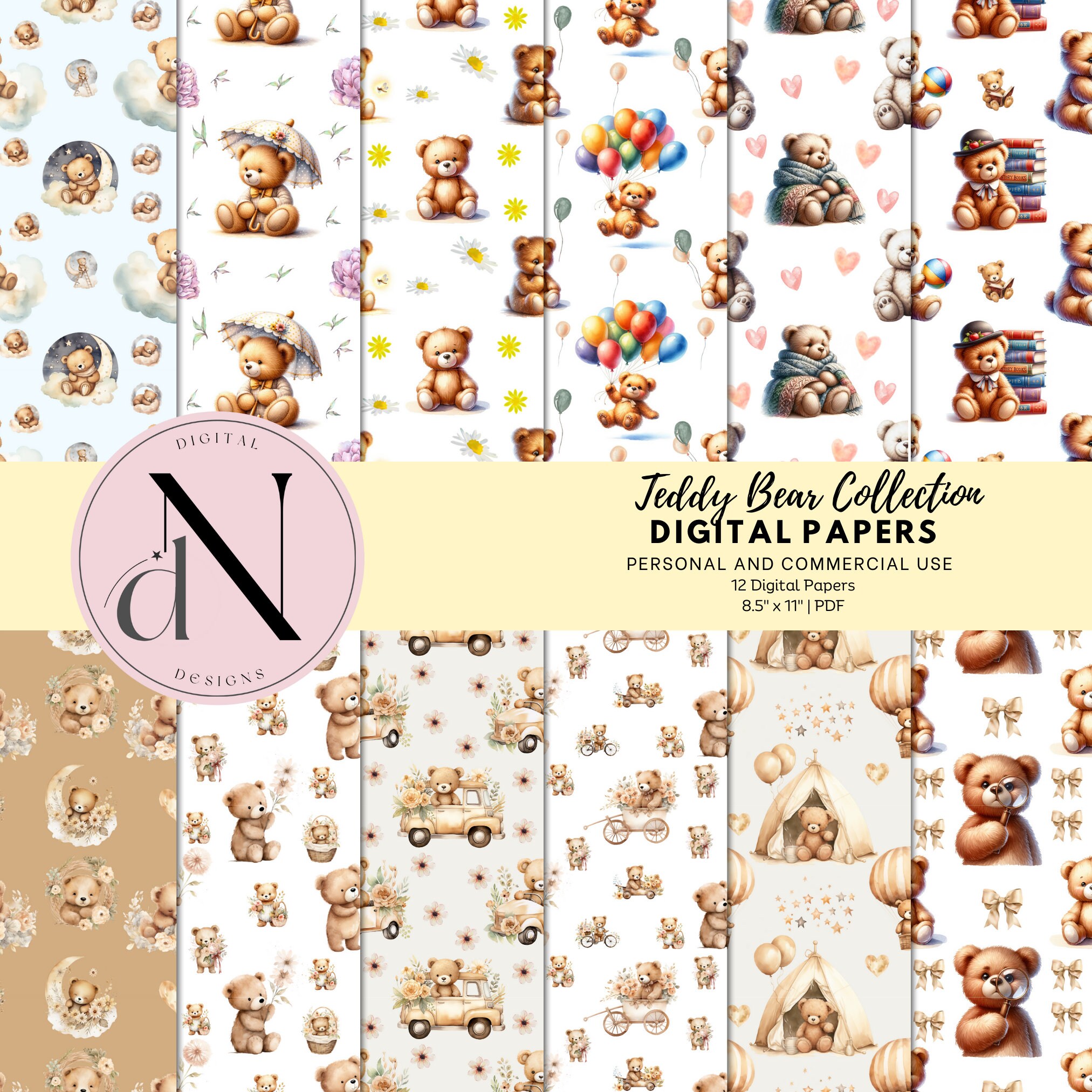 Teddy Bear Digital Papers, Printable Paper, Kids Digital Paper - Etsy