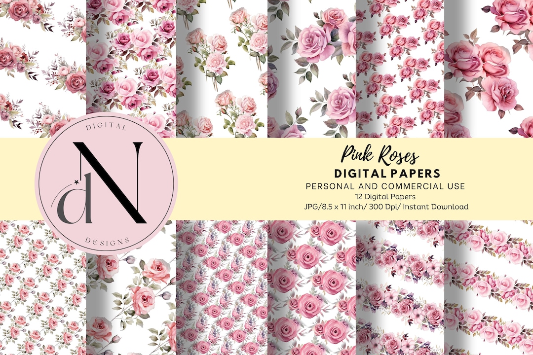 Pink Roses Digital Paper Pack, Floral Printable Paper, Pink Roses ...