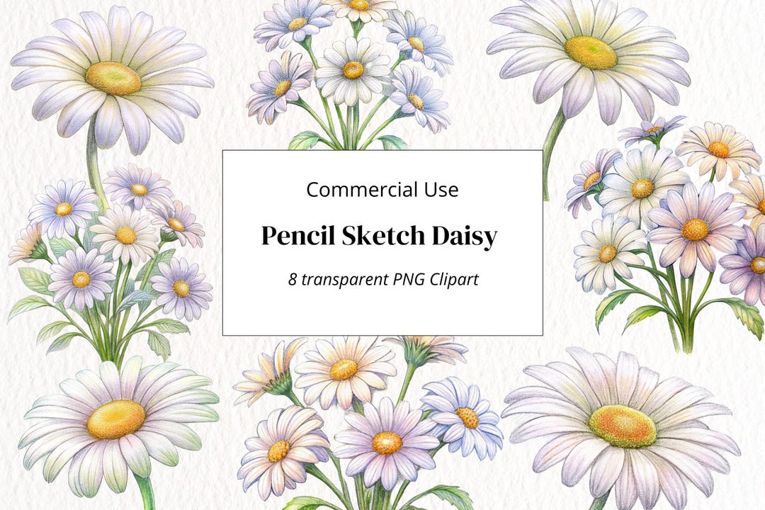 Pencil Sketch Daisy Clipart - Floral Elements - Printable PNG - Perfect ...