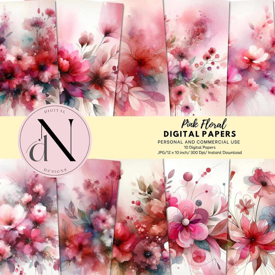 Pink Floral Digital Papers - Etsy