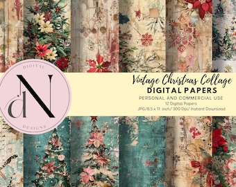 Vintage Christmas Digital Paper: Rustic Holiday Collage (digital ...