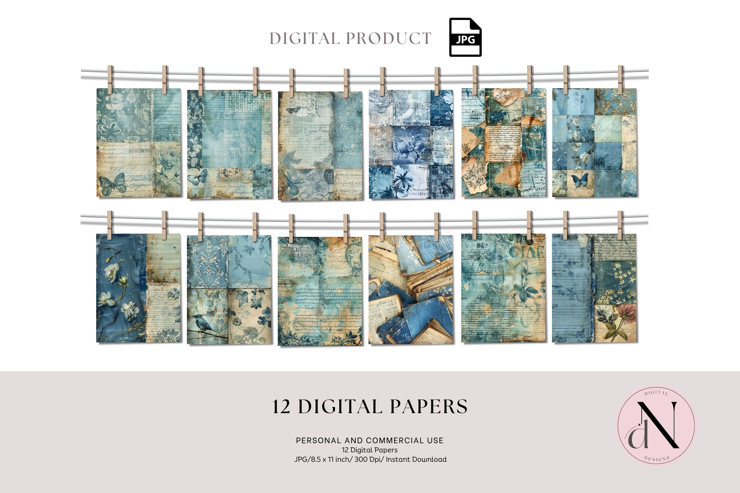 Shabby Blue Journal, Blue Junk Journal, Digital Journal Pages, Shabby ...