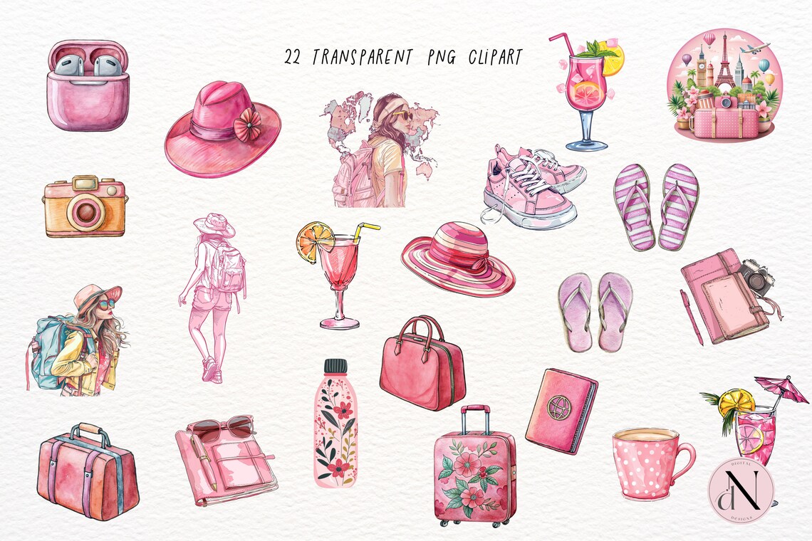 Girly Travel Clipart, Pink Travel Clipart, Watercolor Travel Clipart ...
