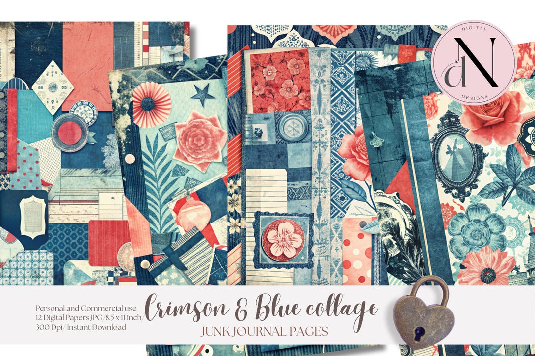 Vintage Collage Digital Paper Pack – Crimson & Blue Collection - Junk ...