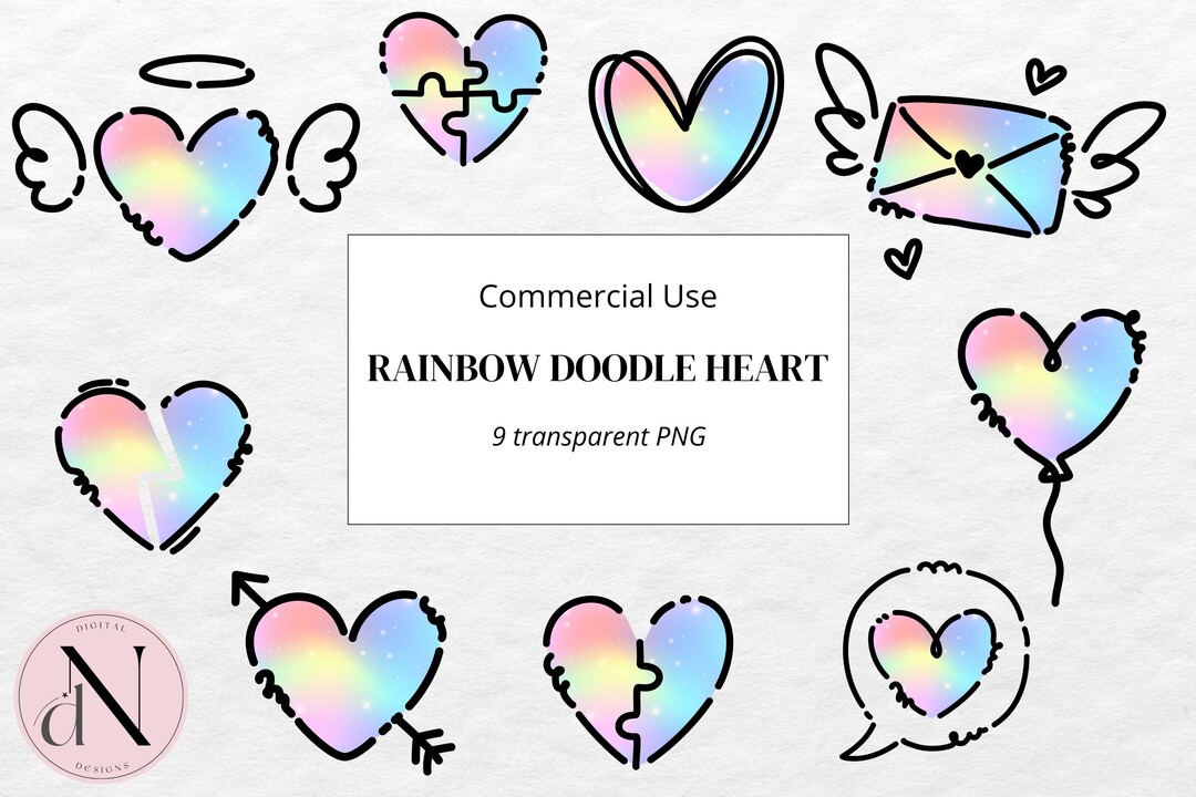 Doodle Heart Clipart: Rainbow Pastel Designs (PNG Files) - Etsy