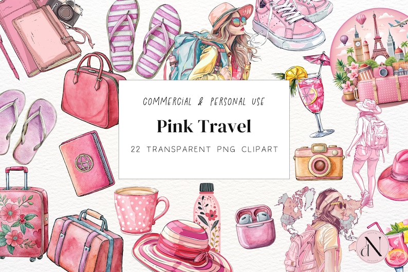Girly Travel Clipart, Pink Travel Clipart, Watercolor Travel Clipart ...
