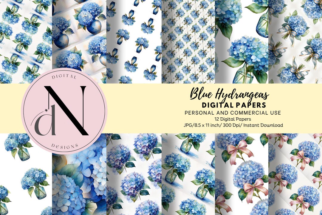 Blue Hydrangeas Digital Paper, Blue Floral Paper, Floral Scrapbooking ...