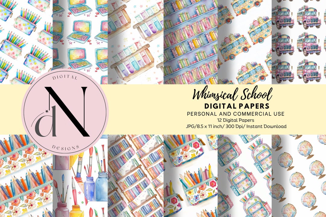 Whimsical School Digital Paper, School Printable Paper, Back to School ...