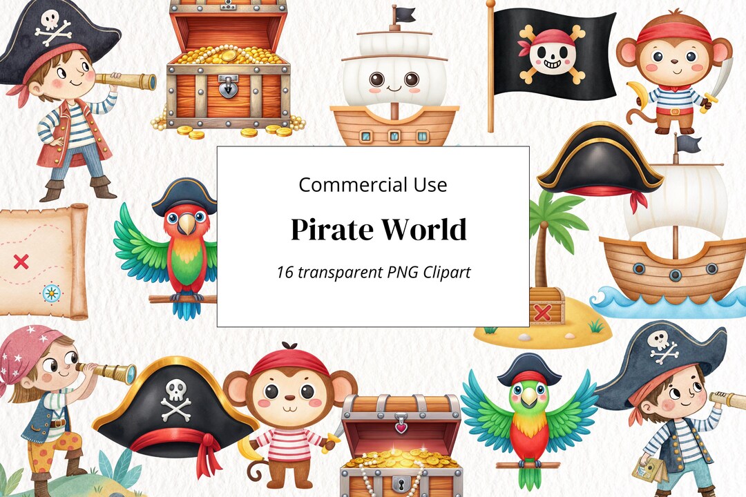 Pirate Clipart Bundle - Watercolor Pirate PNG - Cute Pirate ...
