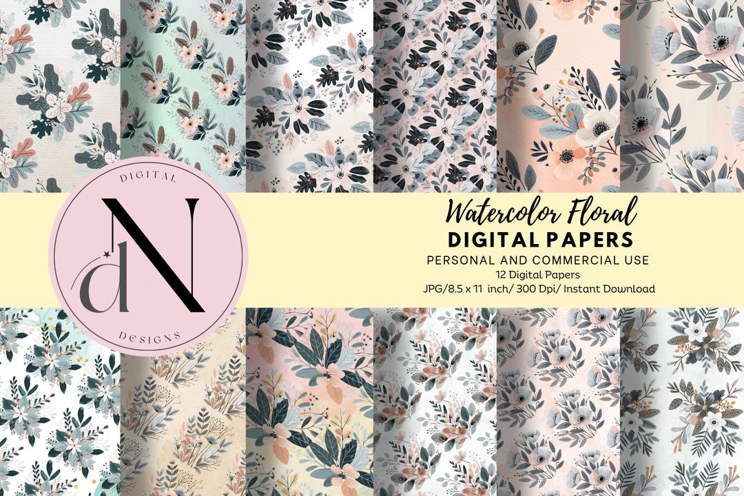 Watercolor Floral Digital Backgrounds, Printable Floral Scrapbook ...