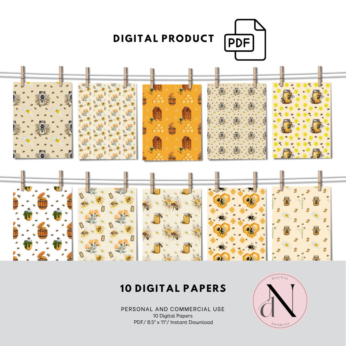 Honey Bee Digital Papers Seamless, Scrapbboking Supplies Paper, Bee ...