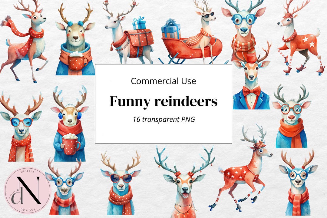 Quirky Reindeer Clipart Bundle - Funny Christmas Art - Digital Download ...