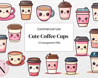 Kawaii Cute Cartoon Coffee Clipart Stickers Set - PNG Instant Download ...