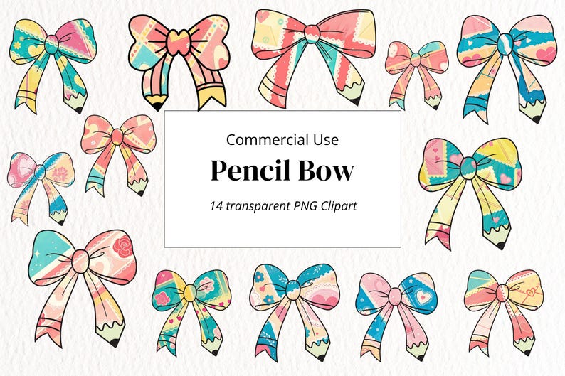 Pencil Bow Clipart: Whimsical Teacher Appreciation PNG Graphics ...
