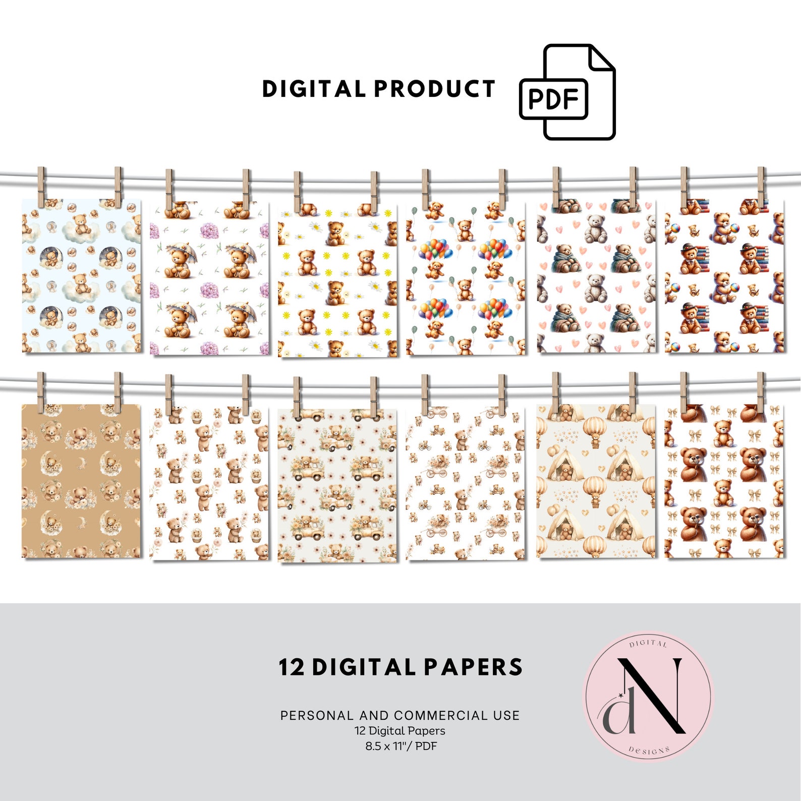 Teddy Bear Digital Papers, Printable Paper, Kids Digital Paper - Etsy