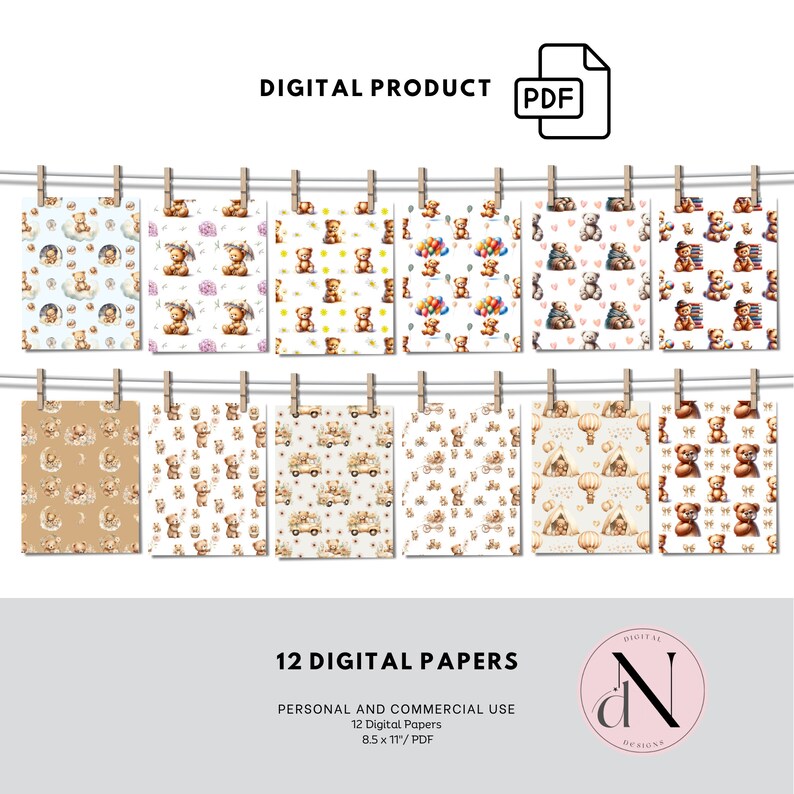 Teddy Bear Digital Papers, Printable Paper, Kids Digital Paper - Etsy