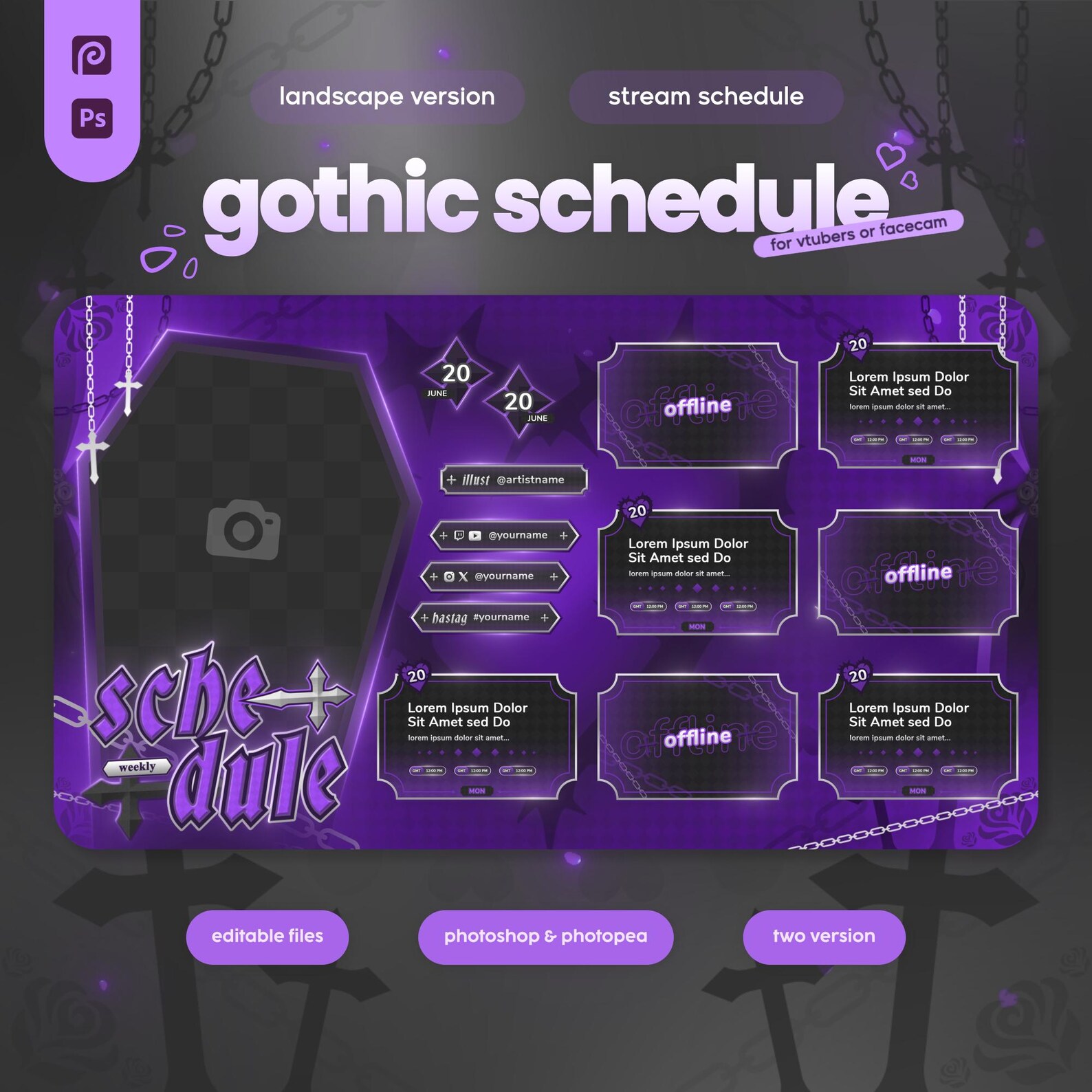 Purple Gothic Stream Schedule PSD: Editable Weekly Schedule for ...