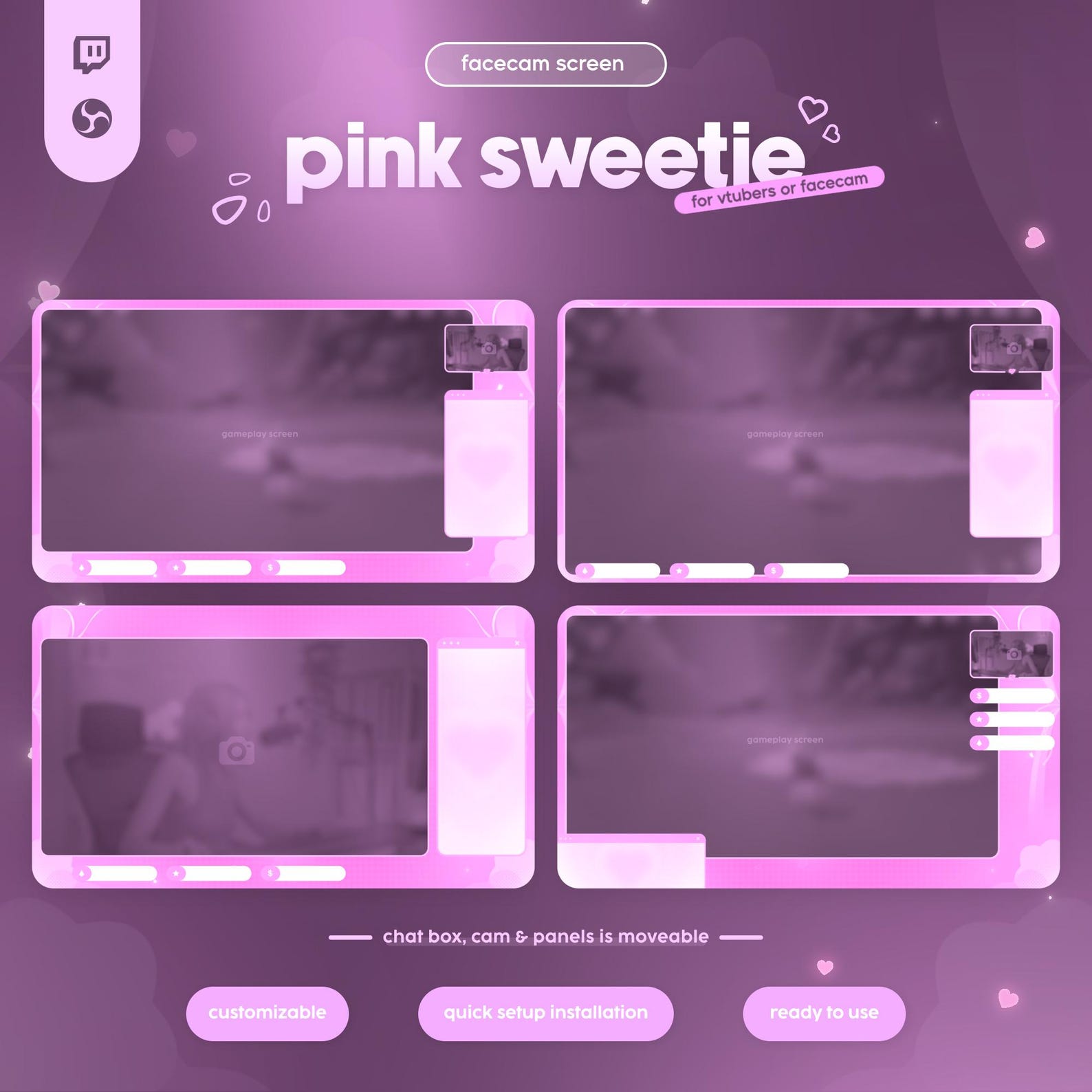 Sweet Pink Twitch Overlay Pack, Pink Animated Stream Package, Gaming ...