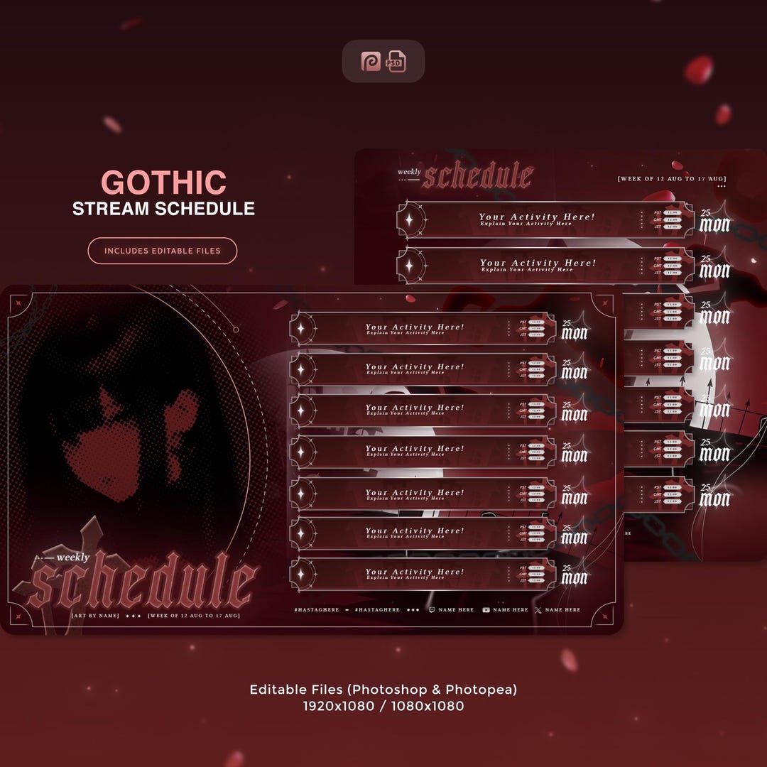 Gothic Vampire Stream Schedule, Red Editable PSD Schedule, Dark Aesthetic Stream Schedule ...