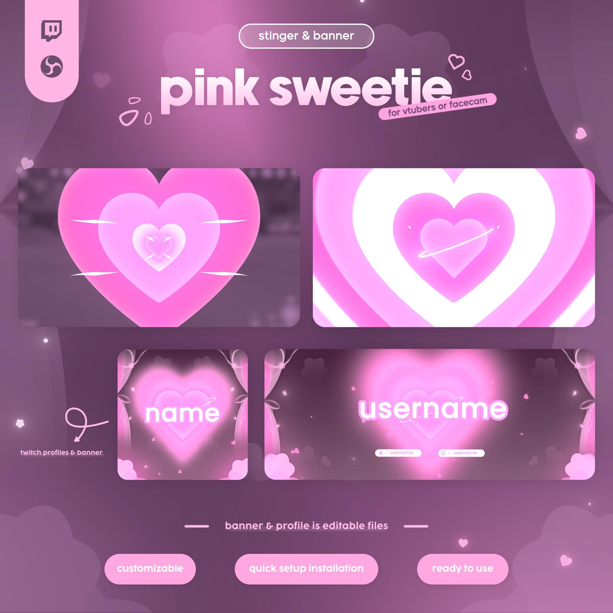 Love Pink Stream Overlay Package, Pink Pastel Twitch Overlays and ...