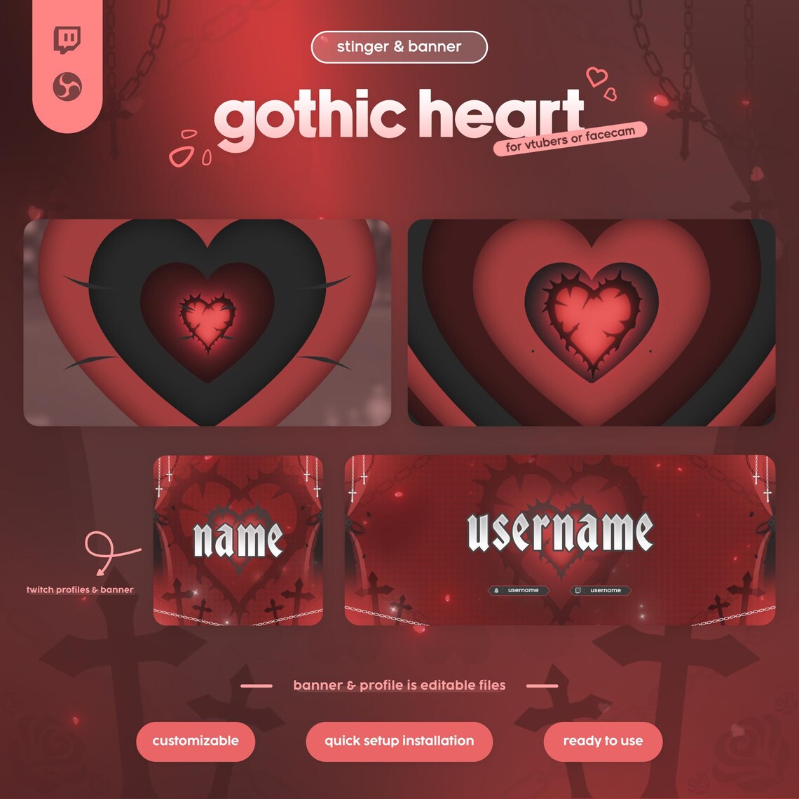 Gothic Horror Stream Overlay Package, Red Twitch Overlays and Alerts ...
