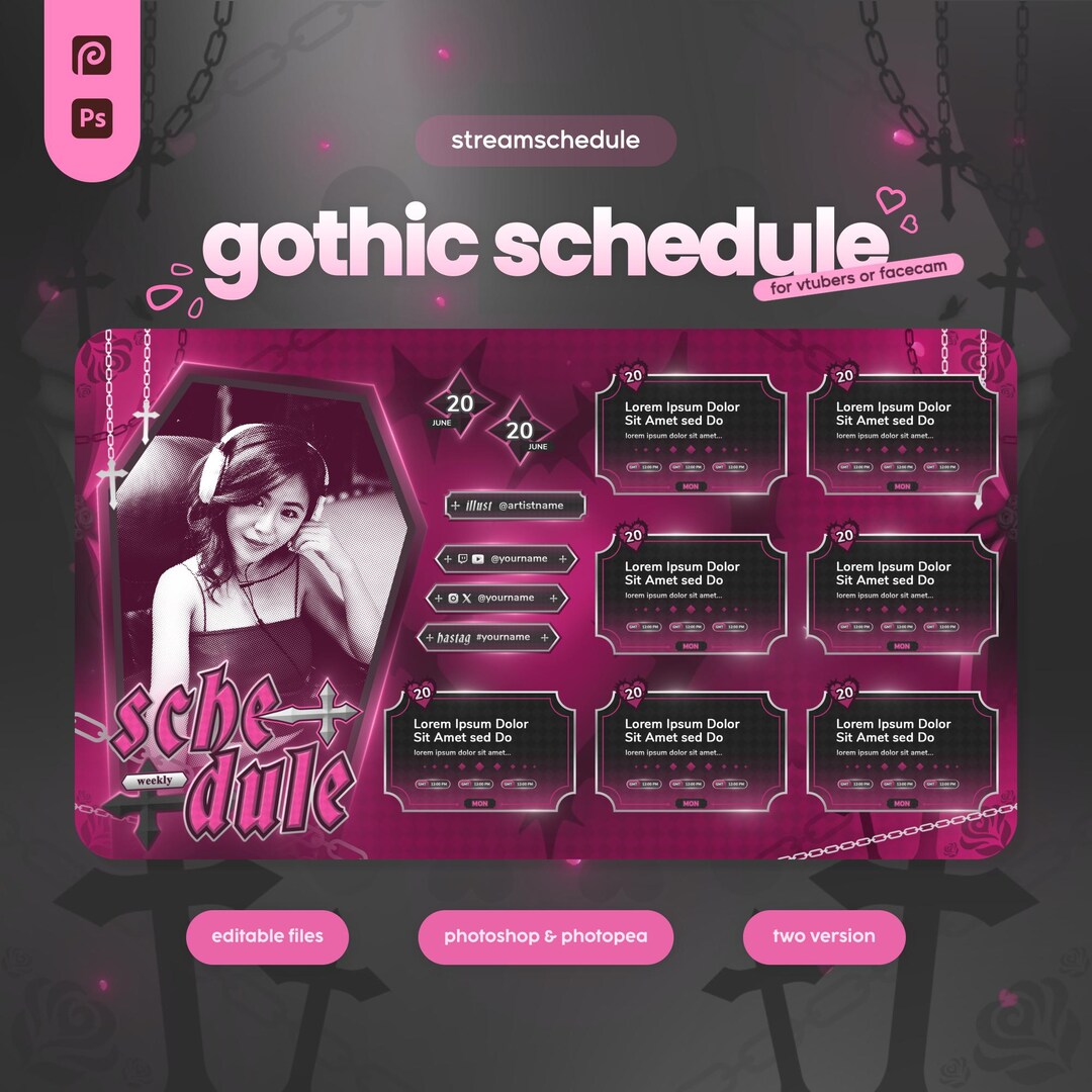 Pink Gothic Stream Schedule PSD: Editable Weekly Schedule for Streamers ...