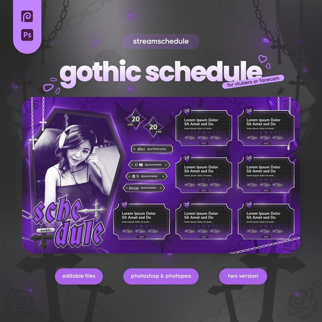 Purple Gothic Stream Schedule PSD: Editable Weekly Schedule for ...